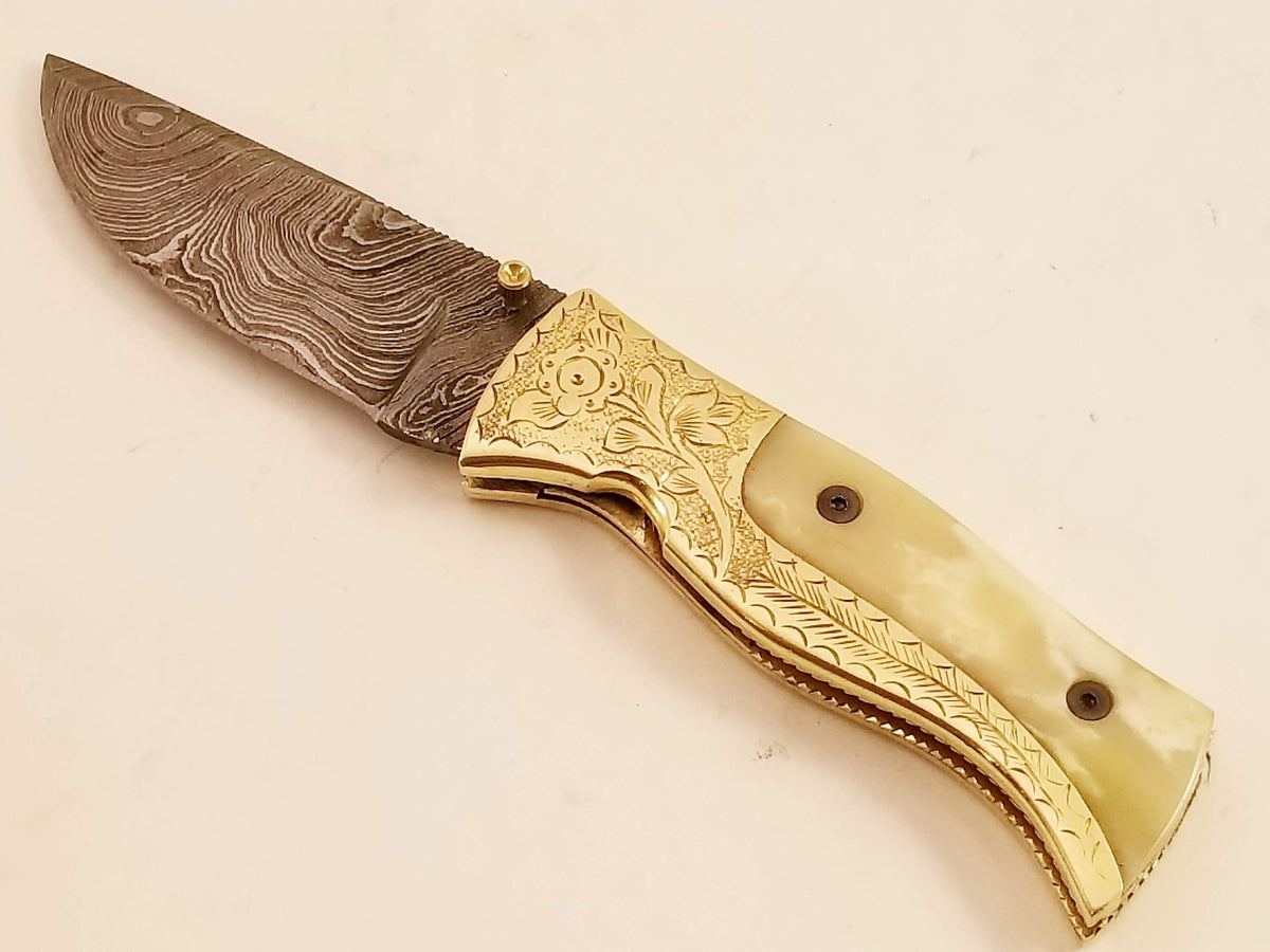 Custom Handmade Damascus Steel Folding Knife Handle Cow Bone Engraved – NB CUTLERY LTD