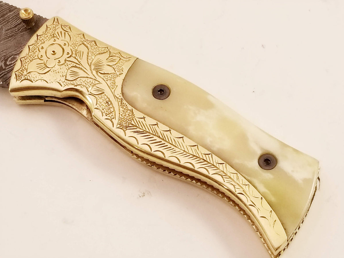 Custom Handmade Damascus Steel Folding Knife Handle Cow Bone Engraved – NB CUTLERY LTD