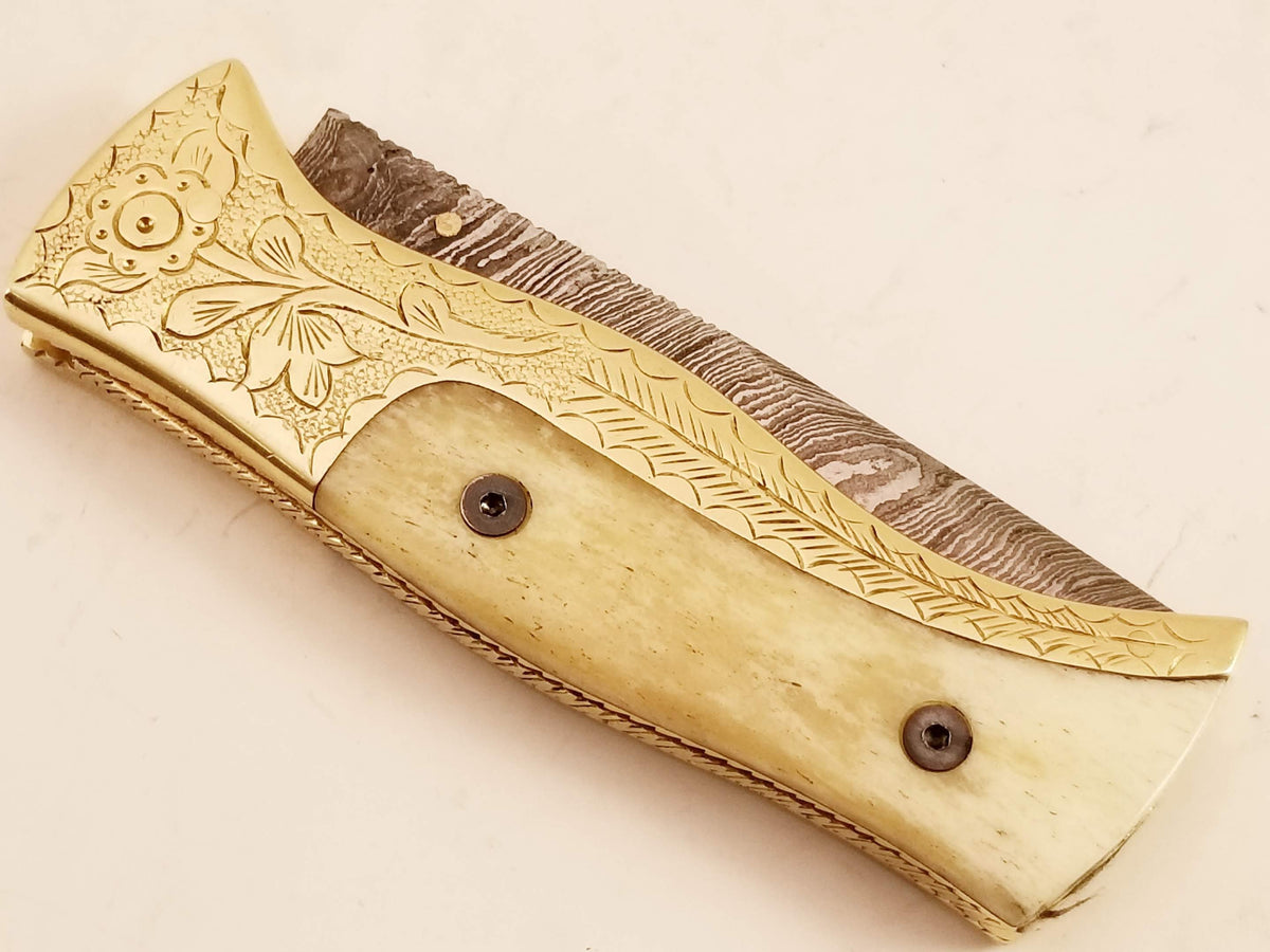 Custom Handmade Damascus Steel Folding Knife Handle Cow Bone Engraved – NB CUTLERY LTD
