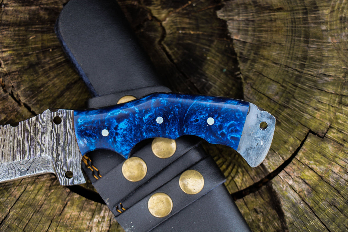 CUSTOM HANDMADE DAMASCUS TRACKER KNIFE WITH LEATHER SHEATH – NB CUTLERY LTD