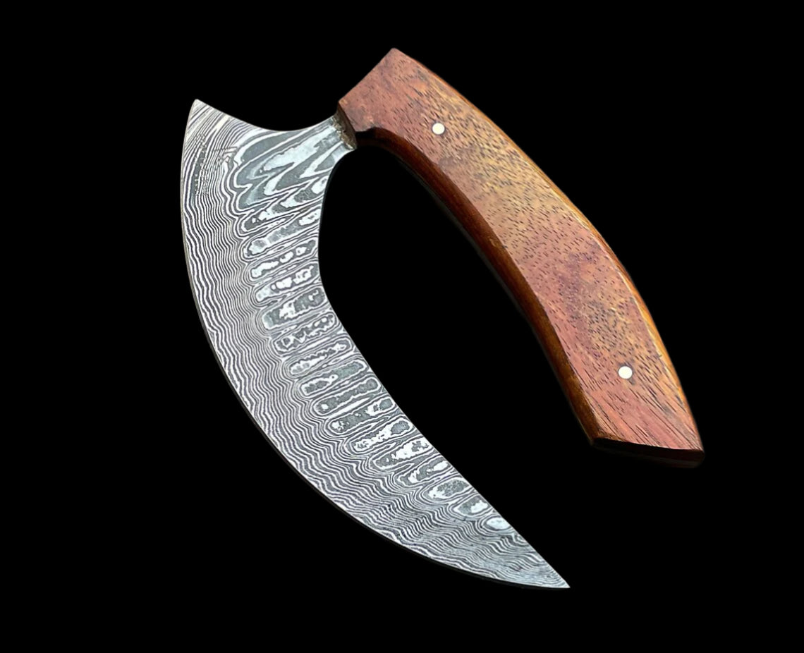 Custom Handmade Damascus Steel Ulu Knife Handle Rosewood With Leather ...