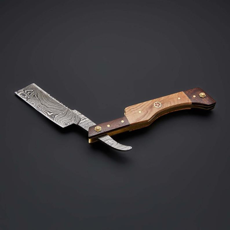 CUSTOM HANDMADE DAMASCUS STRAIGHT RAZOR WITH LEATHER SHEATH – NB Knives