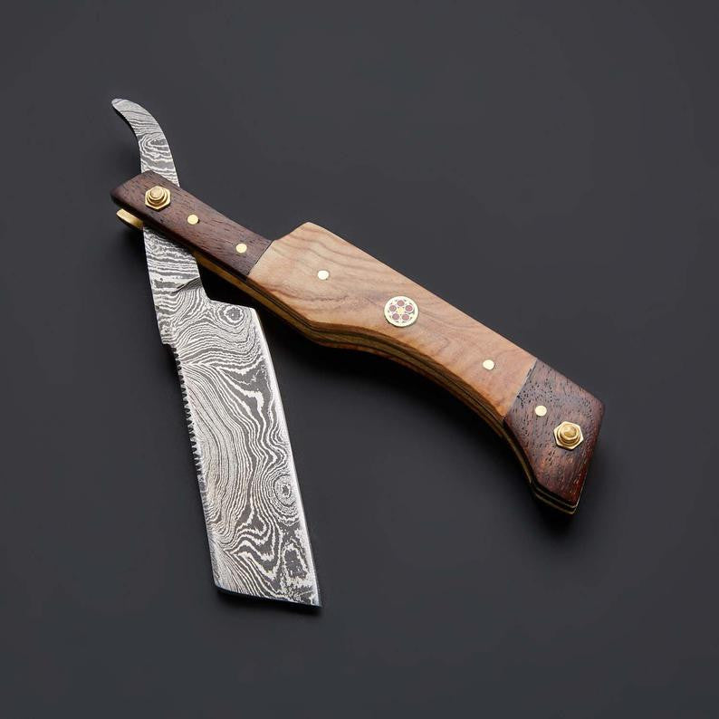 CUSTOM HANDMADE DAMASCUS STRAIGHT RAZOR WITH LEATHER SHEATH – NB Knives