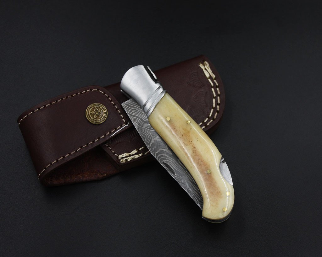 Handmade Damascus Pocket Knife Cow Bone Handle Birthday Gift Folding K ...