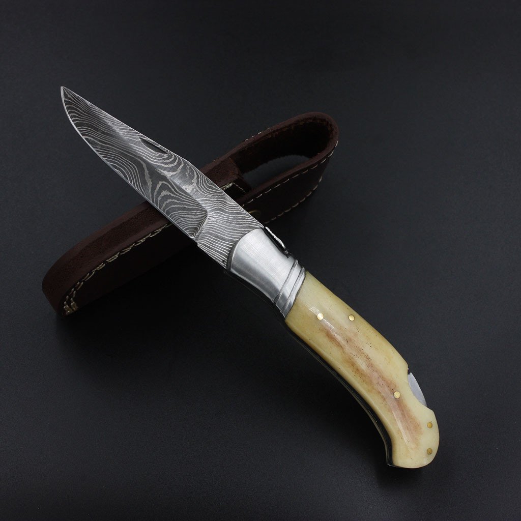 Handmade Damascus Pocket Knife Cow Bone Handle Birthday Gift Folding K ...