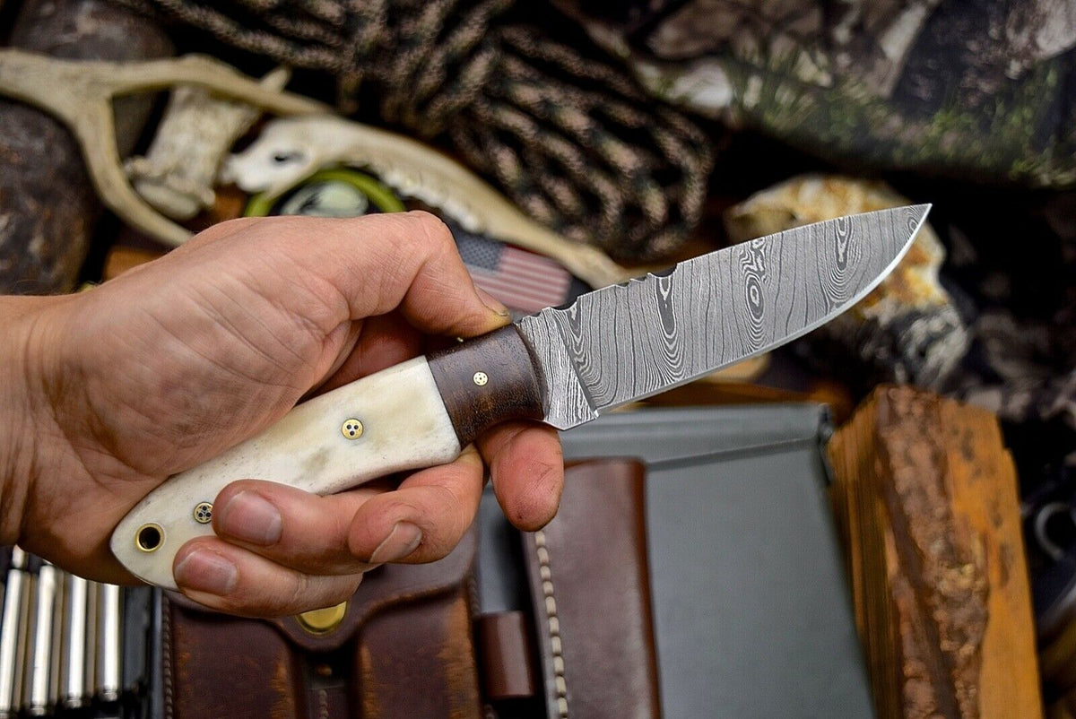 Custom Handmade Twist Damascus Walnut & Bone Hunting EDC Blade Knife – NB Knives