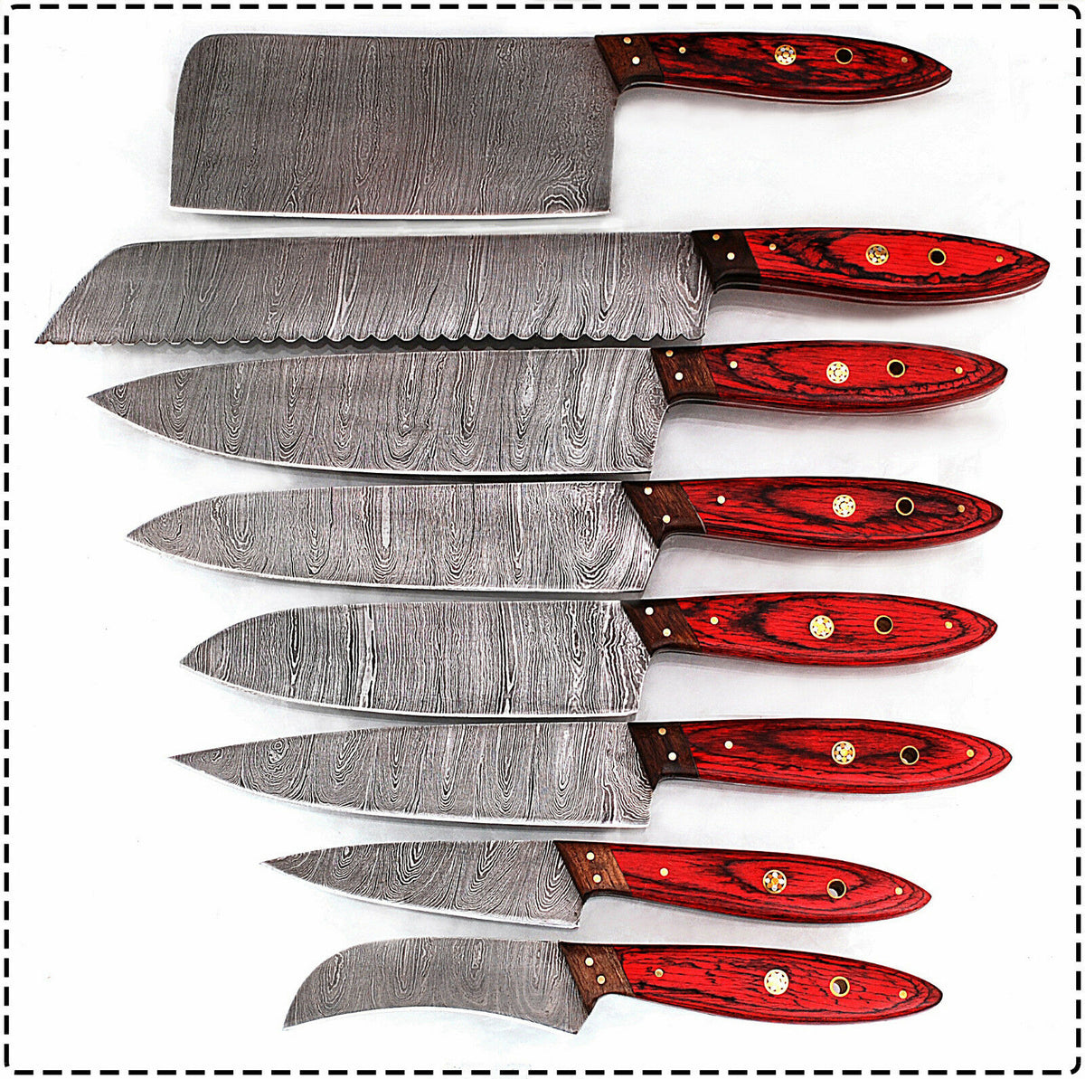 CUSTOM MADE DAMASCUS BLADE 8 Pc's. KITCHEN/CHEF KNIVES SET – NB CUTLERY LTD