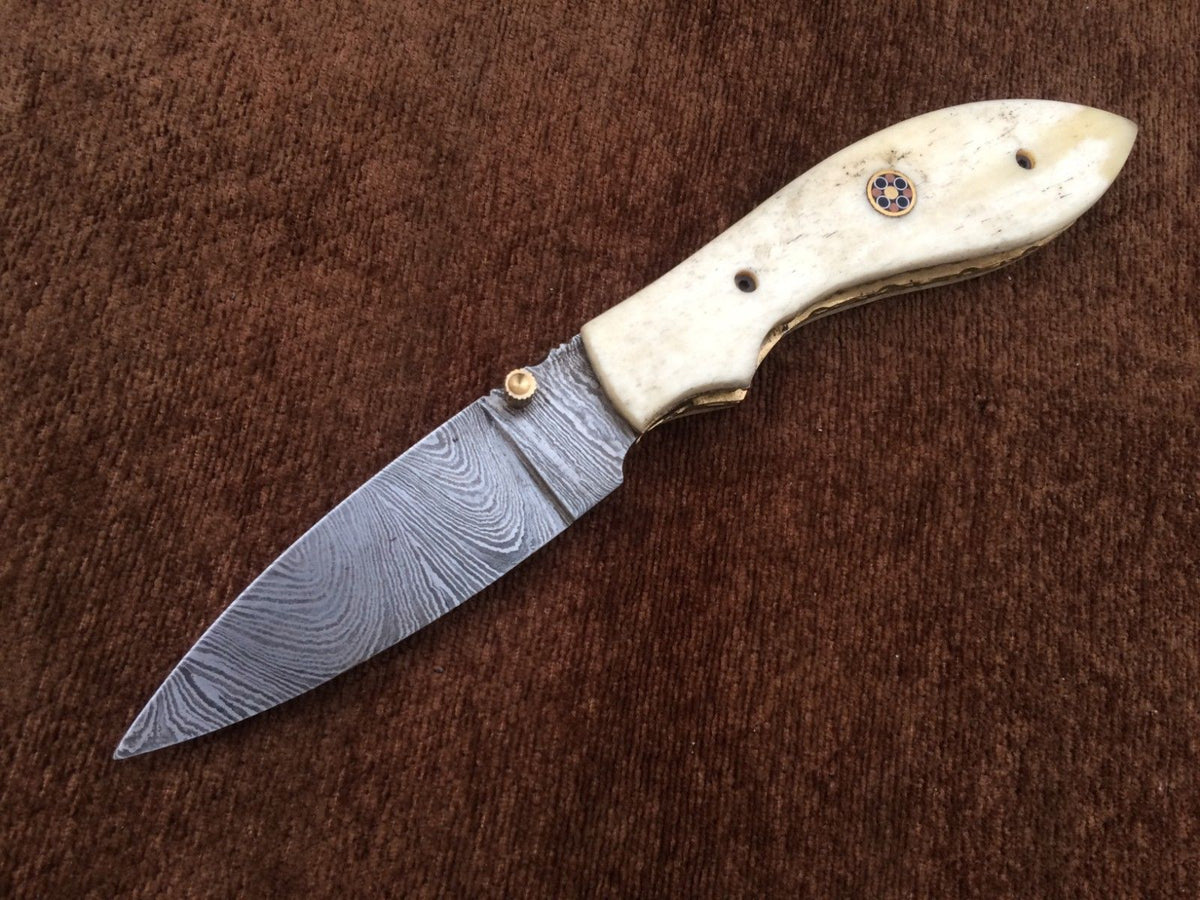 CUSTOM HANDMADE DAMASCUS POCKET KNIFE WITH LEATHER SHEATH – NB CUTLERY LTD