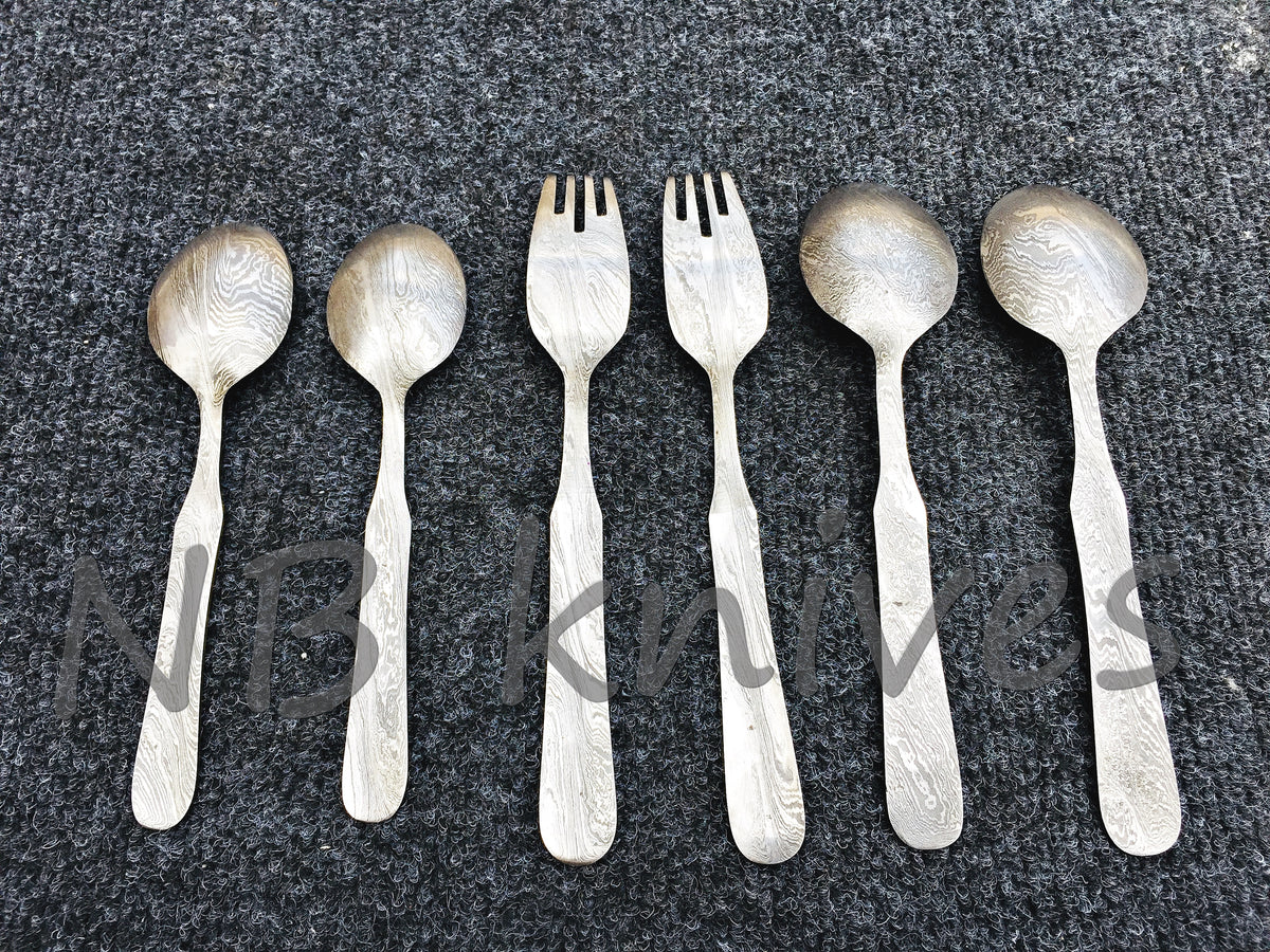 CUSTOM HANDMADE DAMASCUS STEEL FORK SPOONS – NB Knives