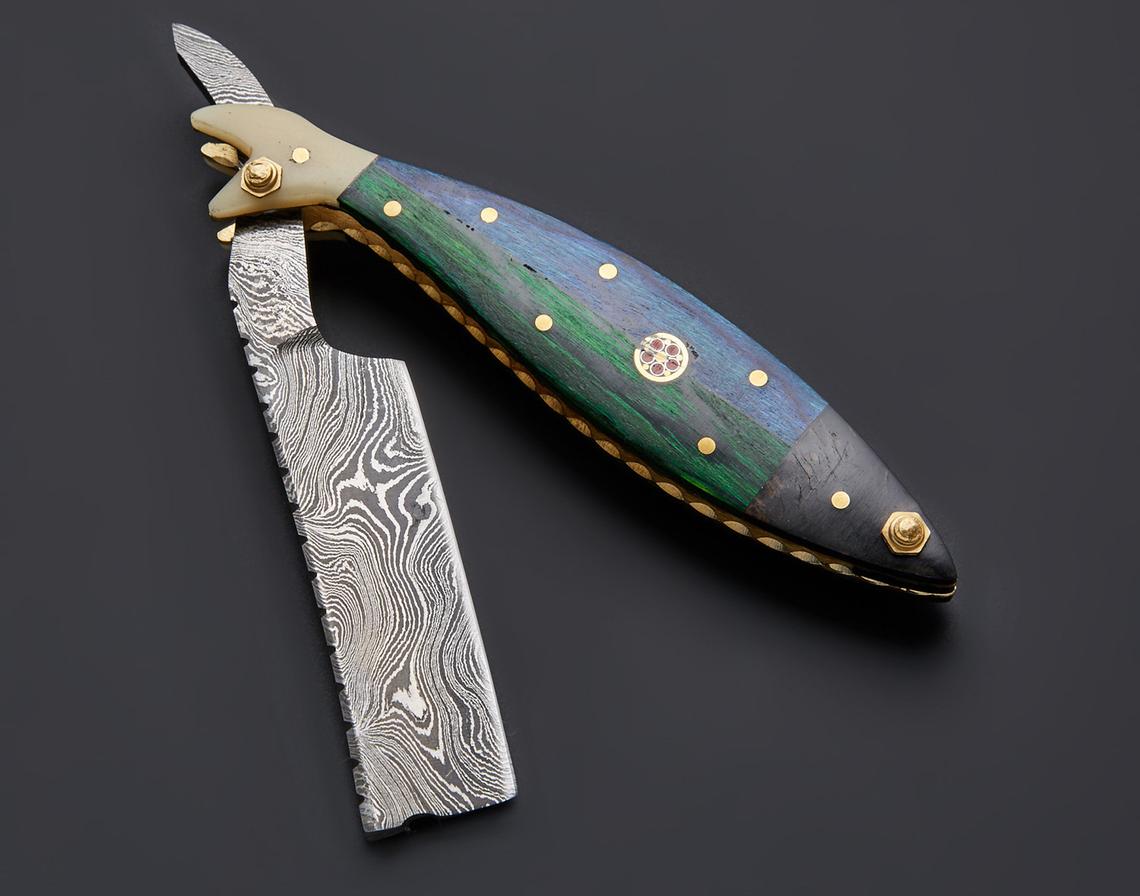 |NB KNIVES| CUSTOM HANDMADE DAMASCUS STRAIGHT RAZOR WITH LEATHER SHEAT ...