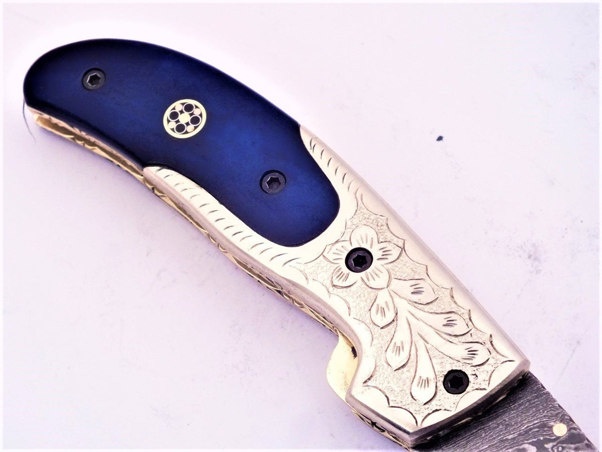 Handmade Damascus Pocket Knife Handle Blue Colored Bone Birthday Gift ...