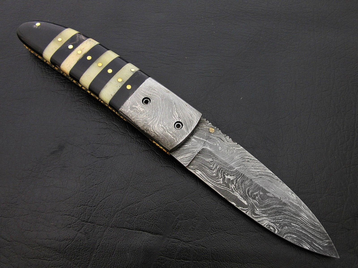 CUSTOM HANDMADE DAMASCUS POCKET KNIFE WITH LEATHER SHEATH – NB CUTLERY LTD