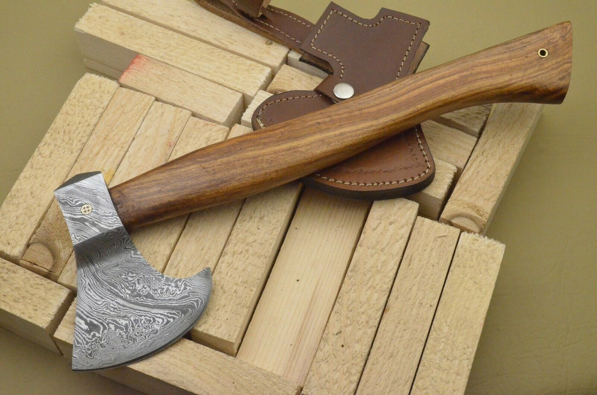Custom Handmade Damascus Steel Axe Handle Rosewood With Beautiful Leat ...
