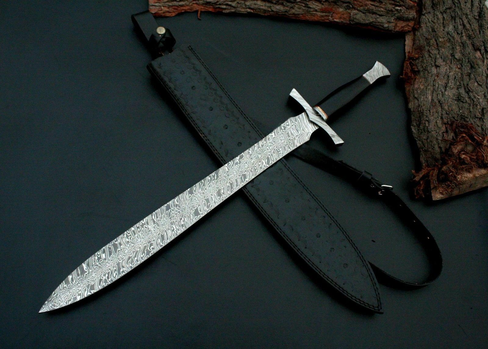 CUSTOM HANDMADE DAMASCUS STEEL SWORD WITH LEATHER SHEATH – NB CUTLERY LTD