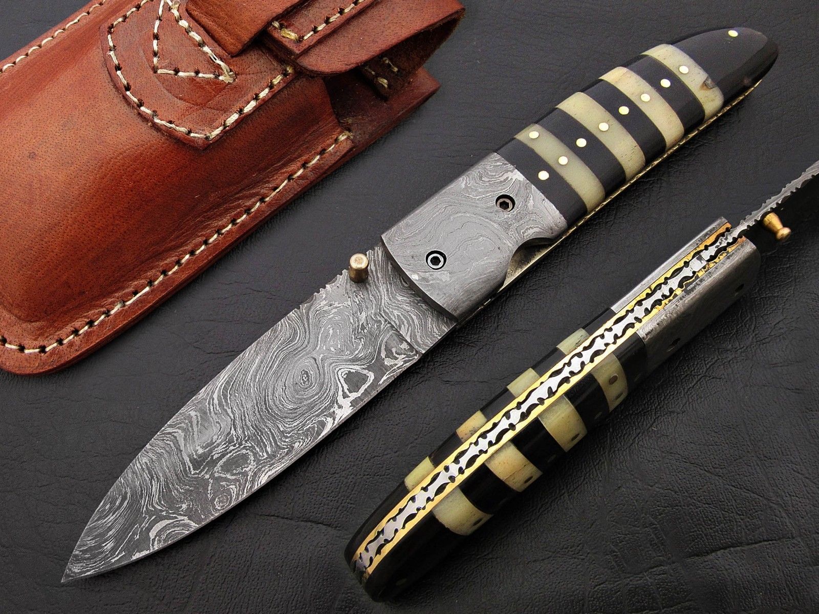 CUSTOM HANDMADE DAMASCUS POCKET KNIFE WITH LEATHER SHEATH – NB CUTLERY LTD