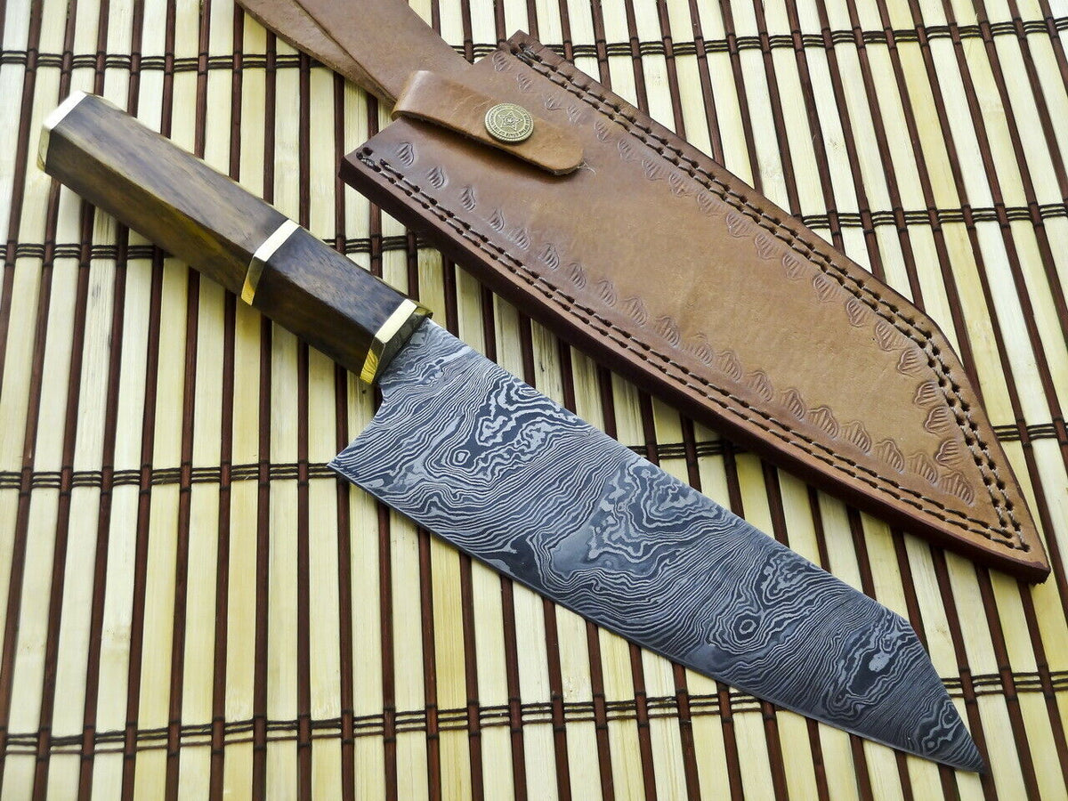 CUSTOM HANDMADE DAMASCUS CHEF KNIFE WITH LEATHER SHEATH – NB CUTLERY LTD